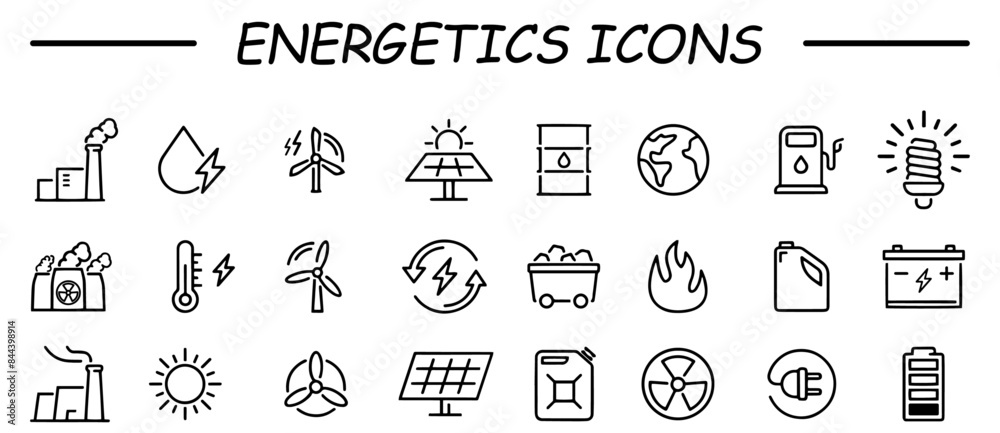 Energetics. Electric energy linear icons set. Electricity. Power ...