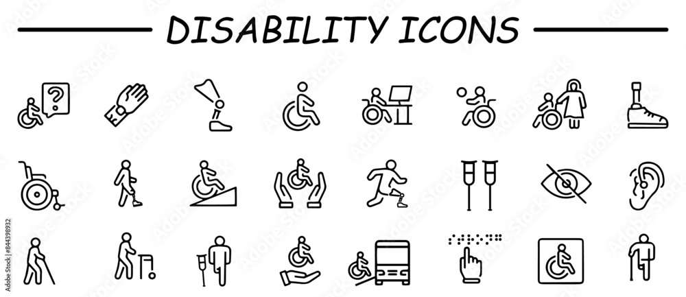 Disability, icon set. disabled people, handicap, physical impairments ...