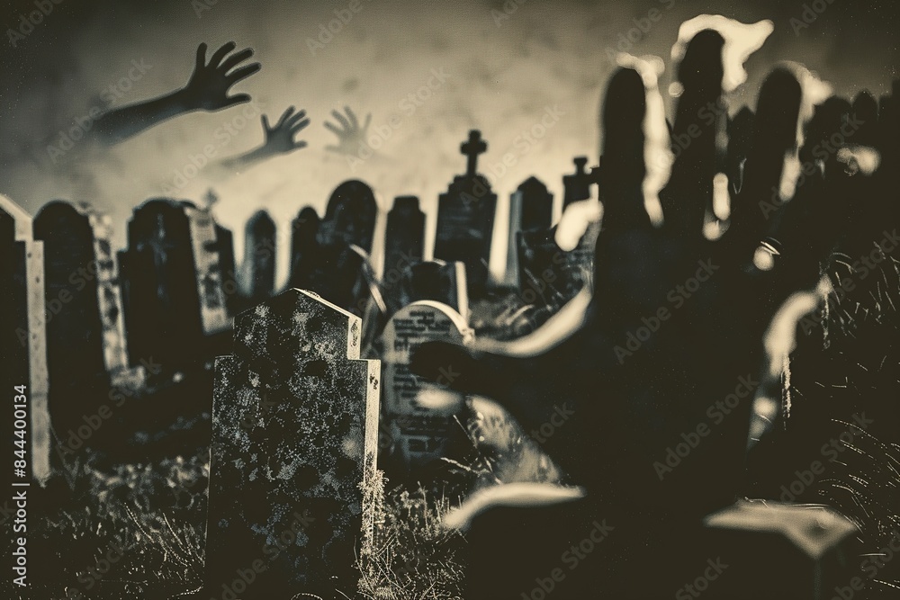 A spooky graveyard with gravestones lined up in rows their names and ...