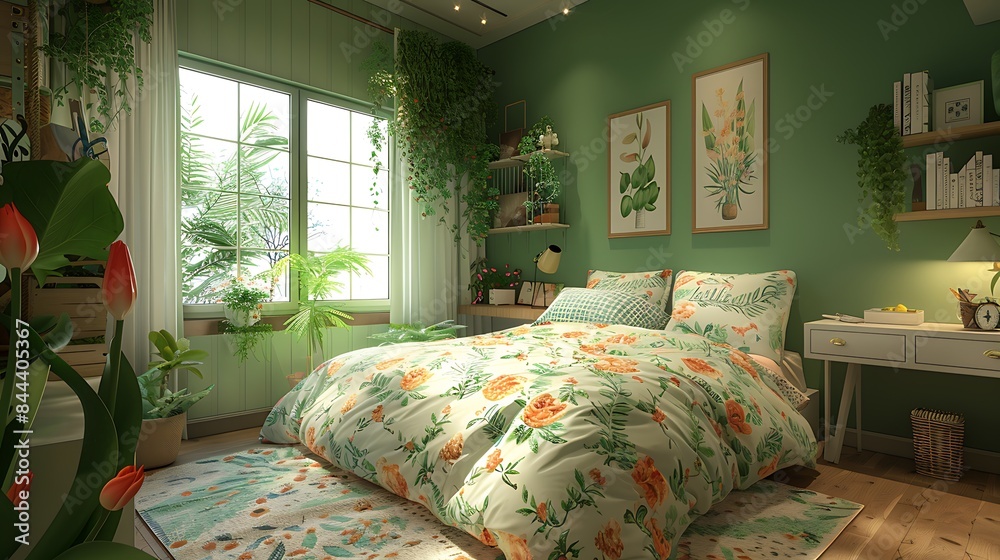 A child’s room with a garden theme, leaf green walls, a bed with a ...