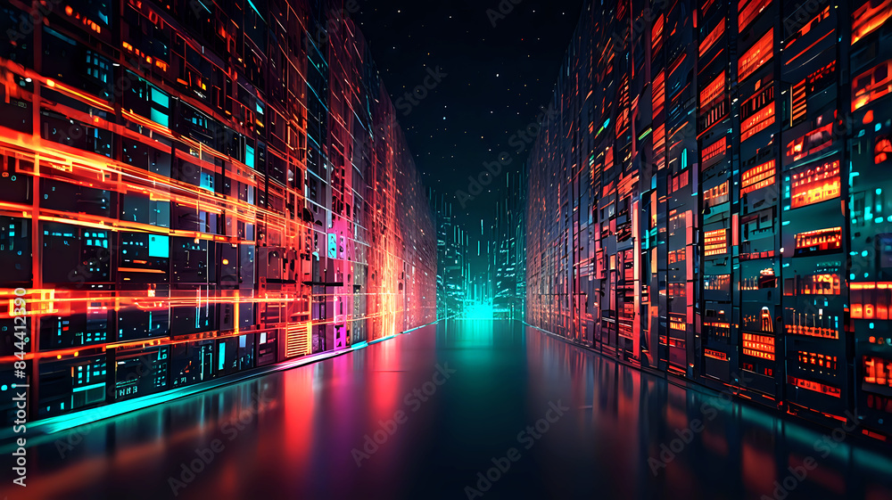 Abstract digital art with a glowing matrix effect technology background ...