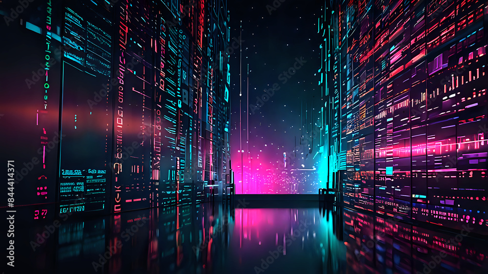 Abstract digital art with a glowing matrix effect technology background ...