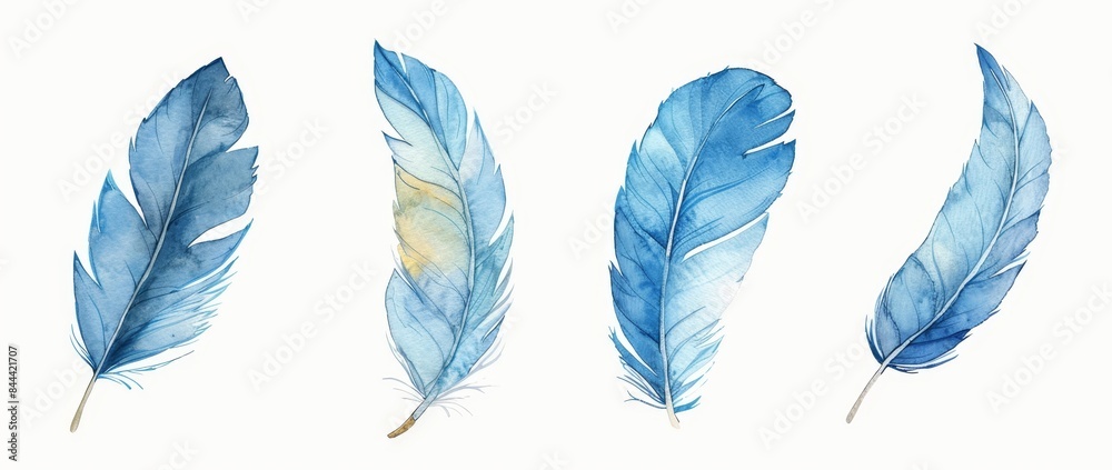Blue jay feather illustration clipart set in watercolor on a white ...