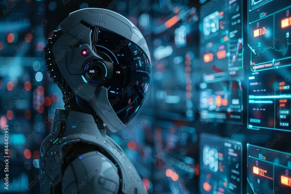 concept of robot trading technology, graphic of robot businessman using ...