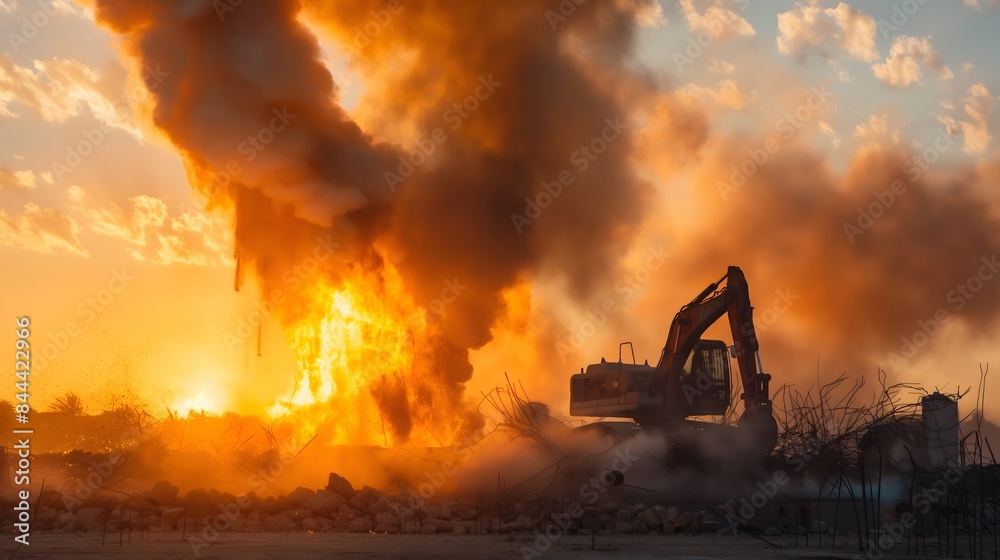 4. Illustrate a controlled explosion site enveloped in a haze of ...
