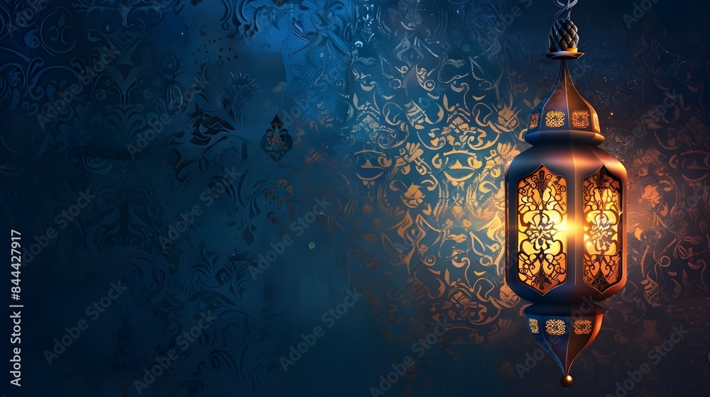 Lantern or lamp with an Islamic pattern on an Islamic background banner ...