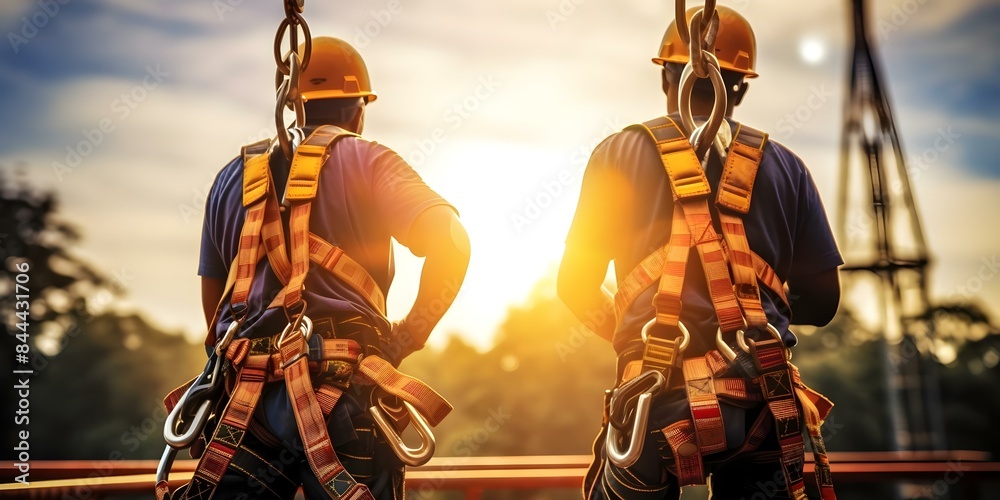 Workers equipped with safety harnesses for construction site rope ...