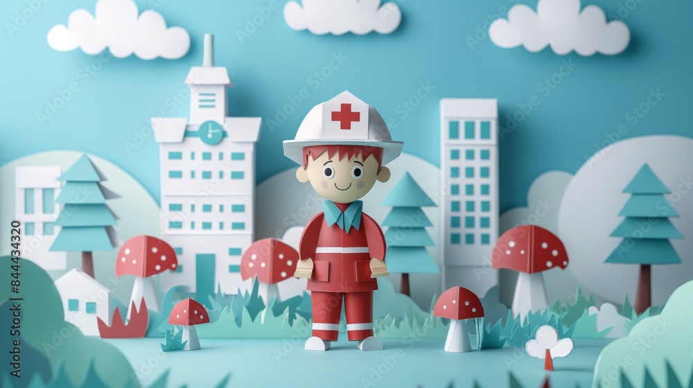 papercraft cartoon art style illustration, young rescue team, emergency ...