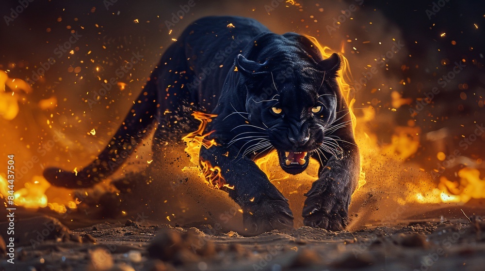 Beautiful big black panther with fire on black background. Wildlife ...