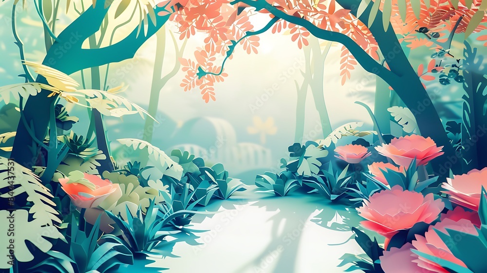Papercraft Forest with Delicate Flowers Stock Illustration | Adobe Stock