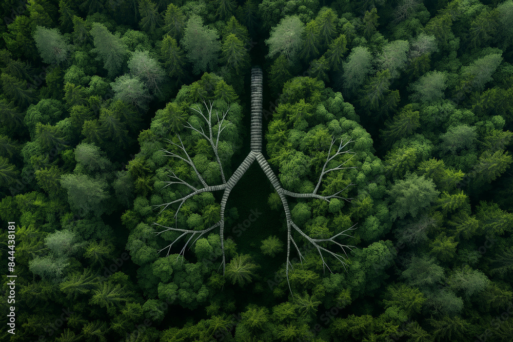 Forest trees in the shape of lungs in a meadow from a bird's-eye view ...