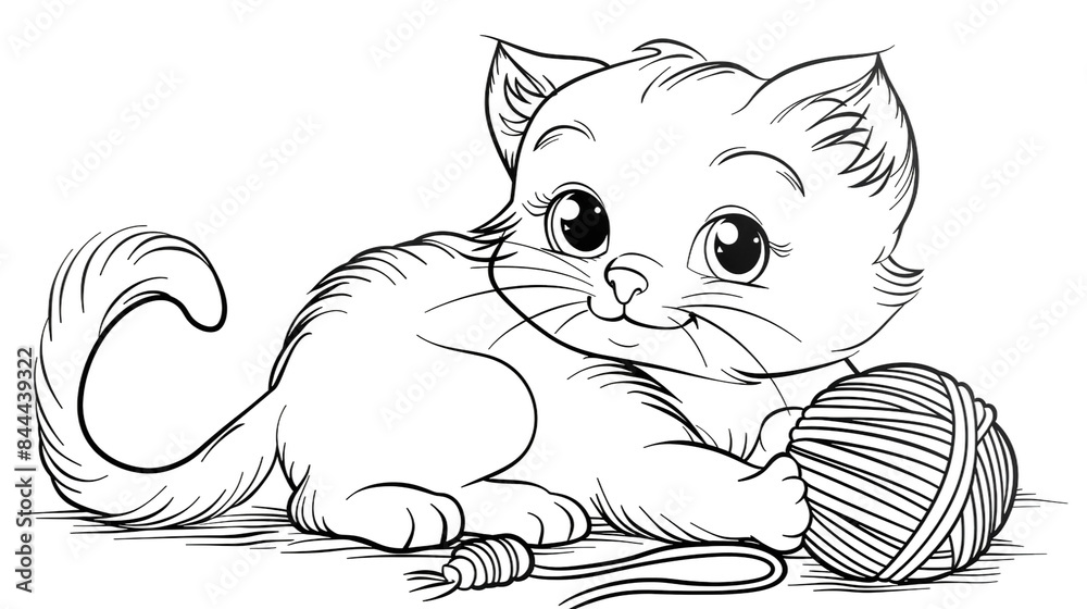 Cute cat playing with a wool ball coloring page on a transparent ...