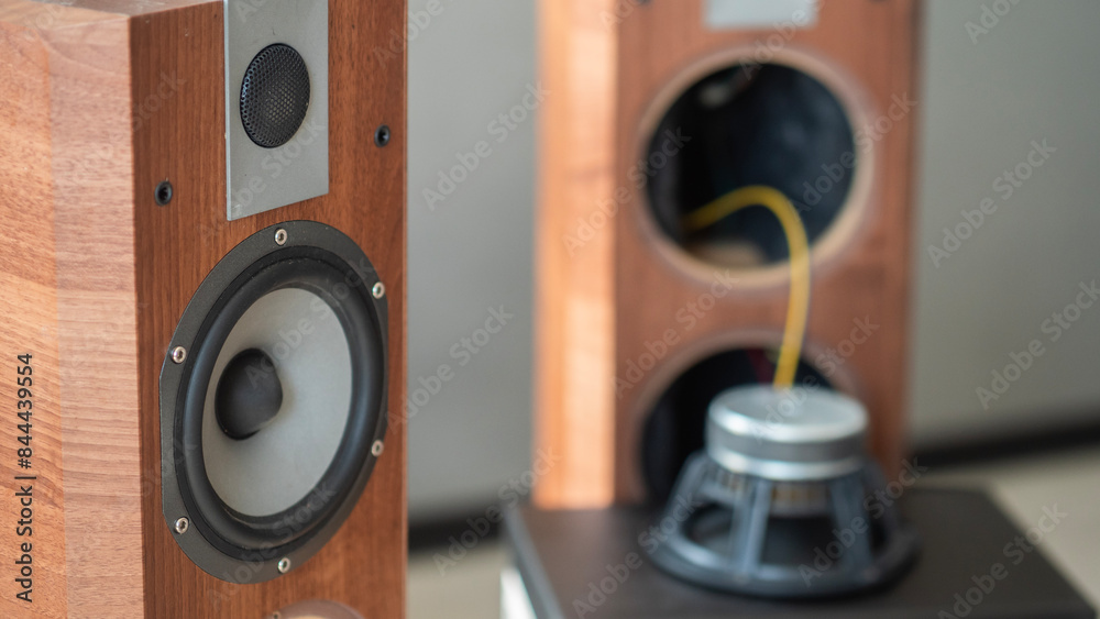 Audio system with the speaker removed, revealing internal wiring and ...