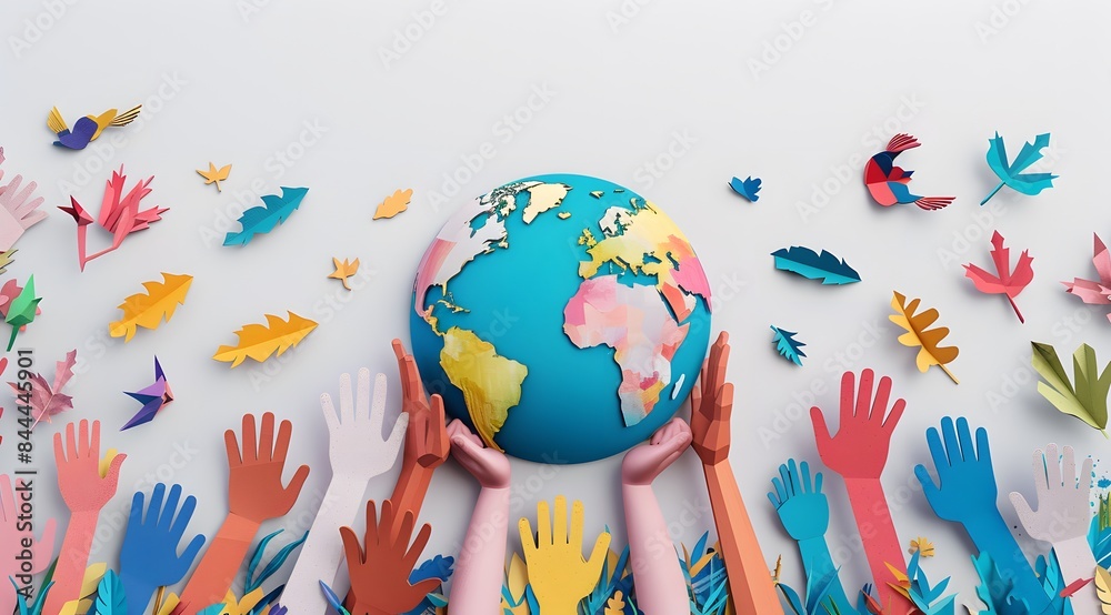 Diverse crowd of hands reaching towards the earth globe, Illustration ...