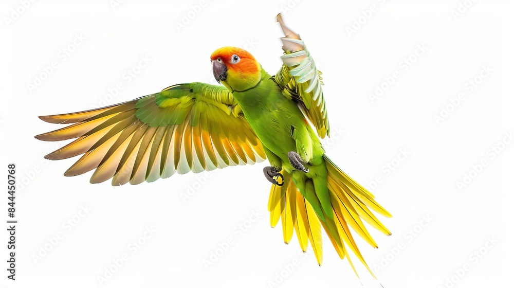 A sun parakeet, a vibrant green bird, soars through the air with its ...