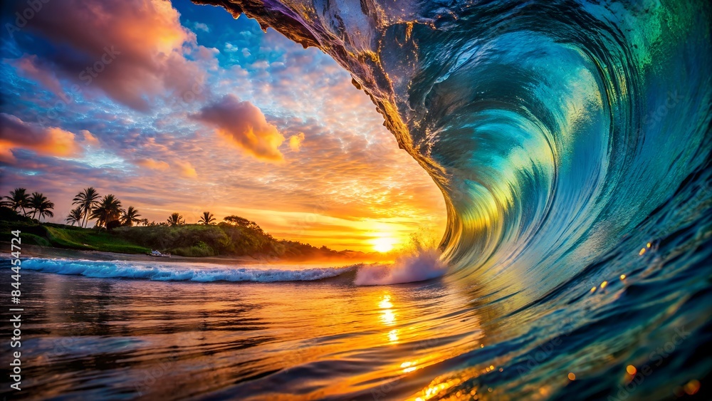 Vibrant Sunset Sea Water Wave: Barrel Shape for Surfing. Perfect for ...