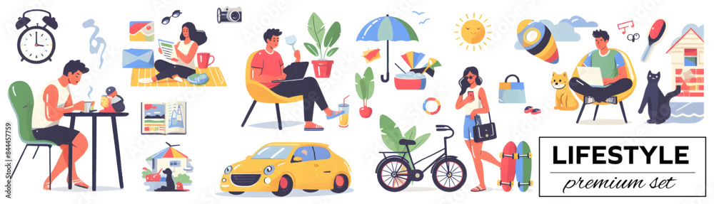 Freelance Work and Leisure Activities Set, Modern Lifestyle Collection ...