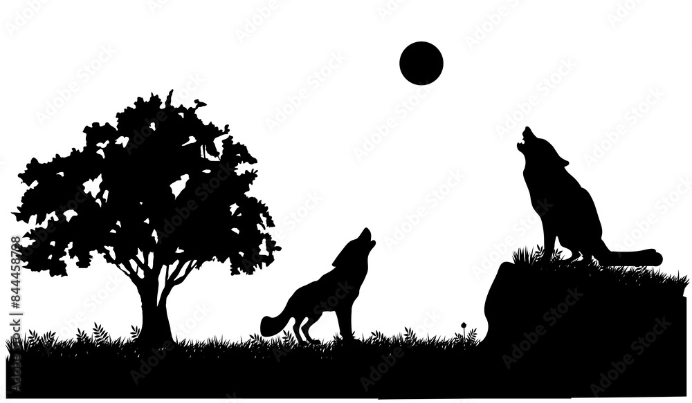Vetor de Howling black wolf silhouettes. Howling wolf standing on the ...