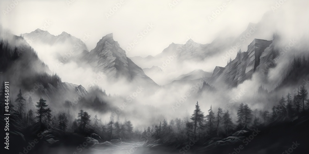 charcoal pencil drawing paint sketch of mountains cowered in mist with ...