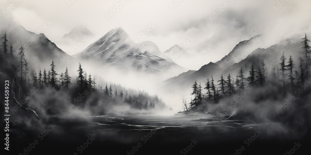 charcoal pencil drawing paint sketch of mountains cowered in mist with ...