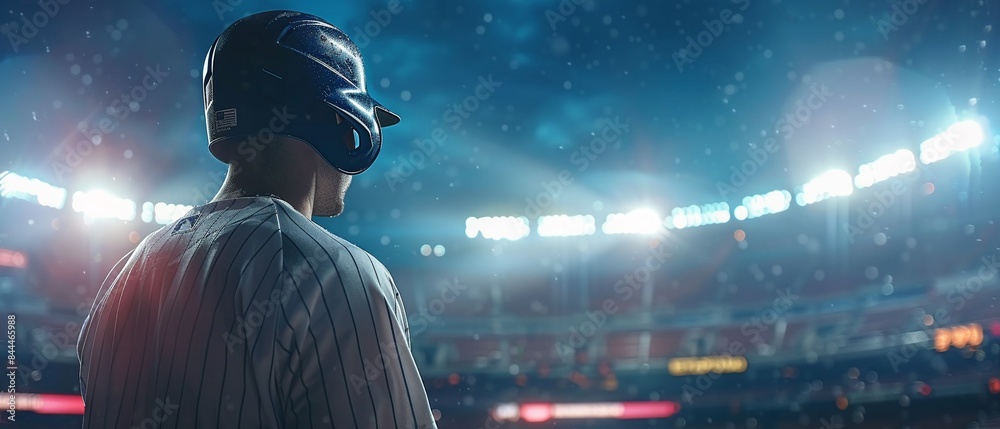 Baseball player on the field, stadium lights shining, high detail, back ...