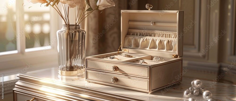 Elegant jewelry box with open drawers, pearls and rings displayed ...