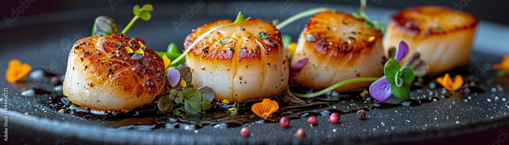 Gourmet scallops on black plate, garnished with edible flowers and ...