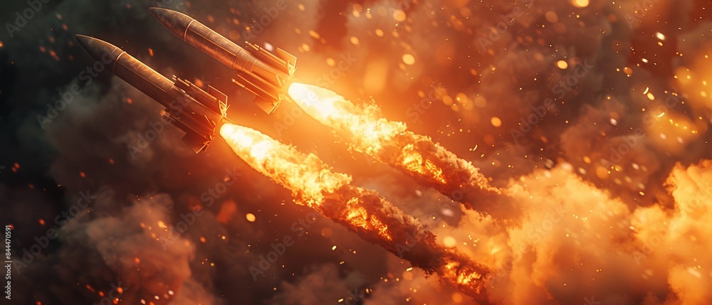 Two rocket launchers deploying missiles, fiery exhaust, dense smoke ...