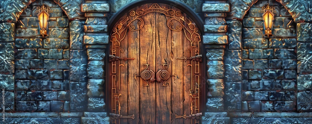 A wooden door with an ornate lock and key, in the fantasy style, in the ...