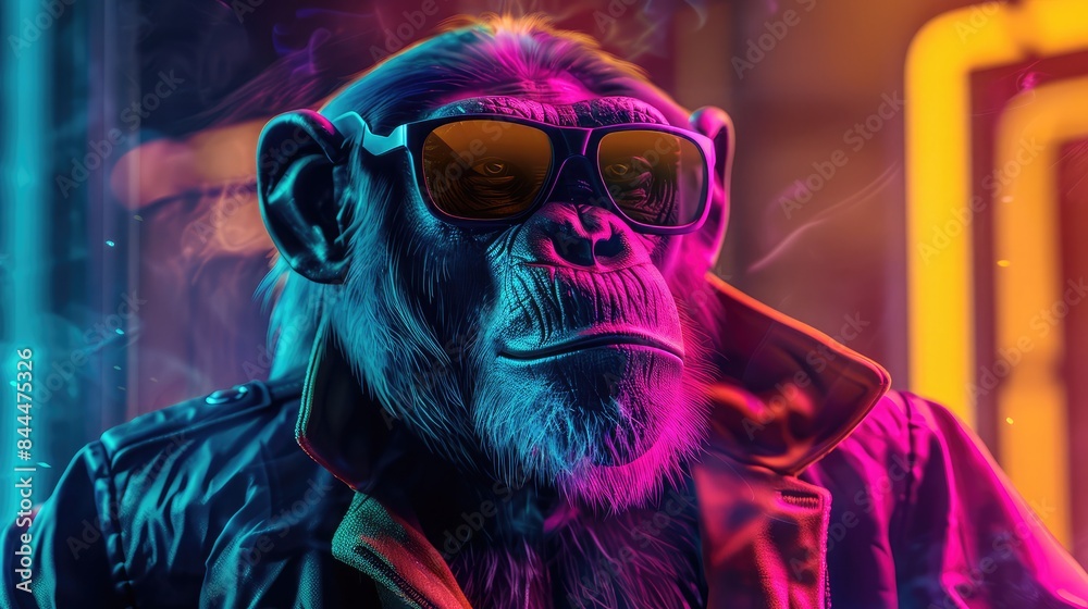 cyberpunk Chimpanzee with sunglasses, dressed in neon color clothes ...