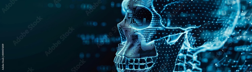Digital skull encrypted by cybersecurity measures, side view ...