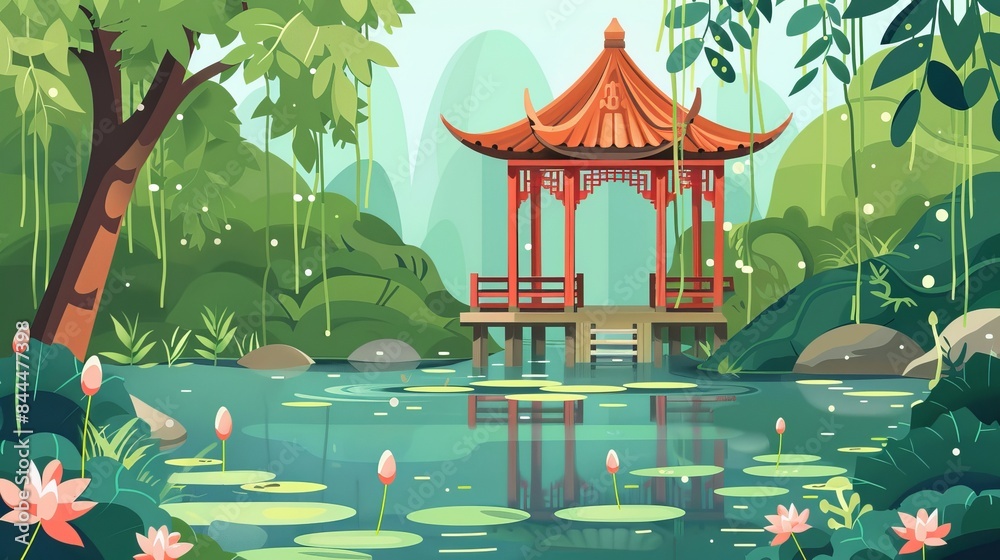 Chinese arbor on the pond with blooming lilies and weeping willows ...