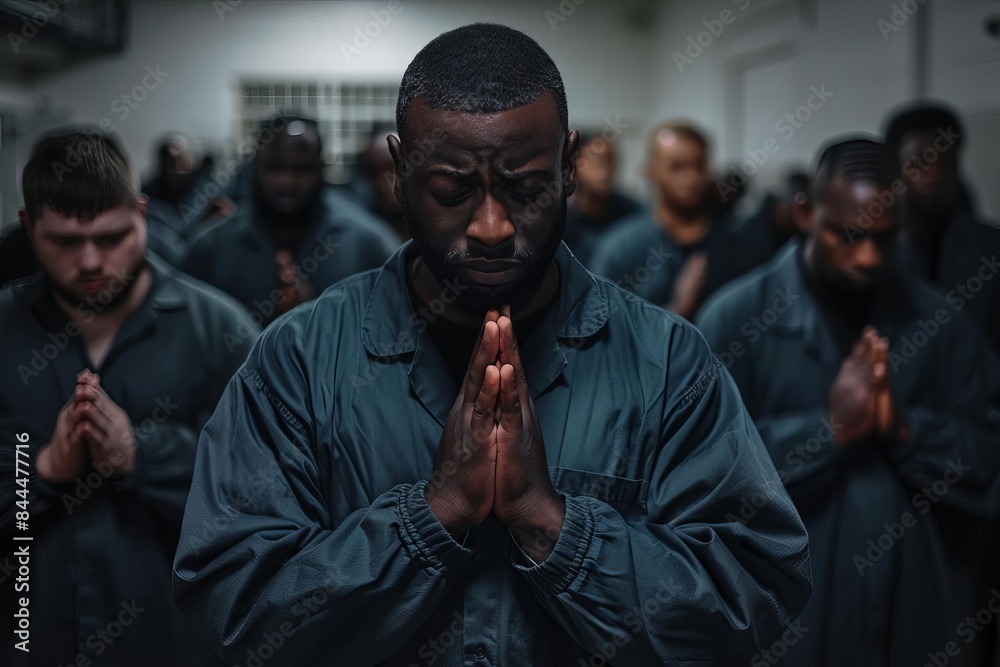Group of men in prison uniforms meditating with hands in prayer pose ...