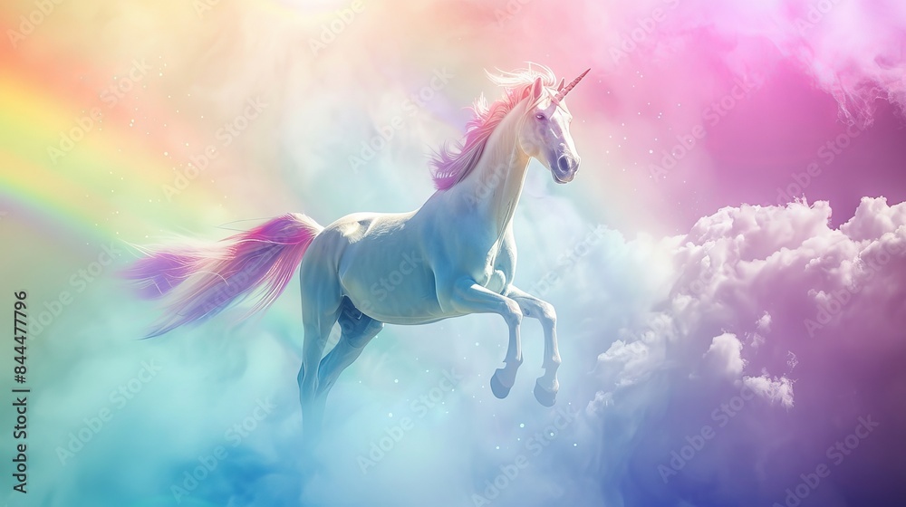 Colorful unicorn on a rainbow background with white clouds. Design for ...