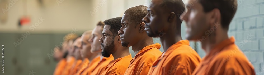Inmates in orange jumpsuits standing in a line inside a correctional ...