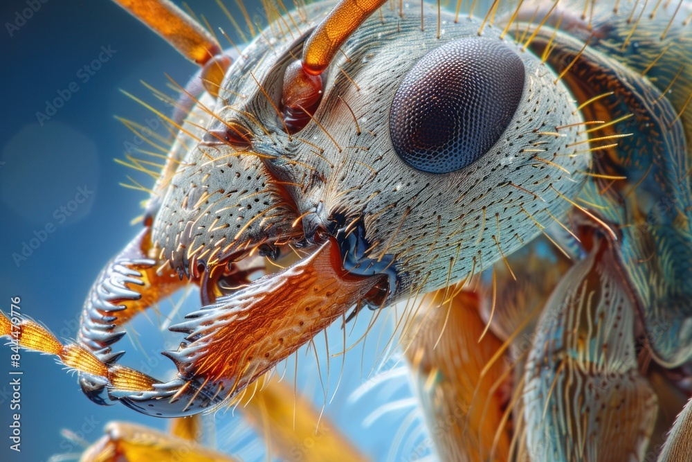 An extreme close-up of an ant's head, capturing the fine details and ...