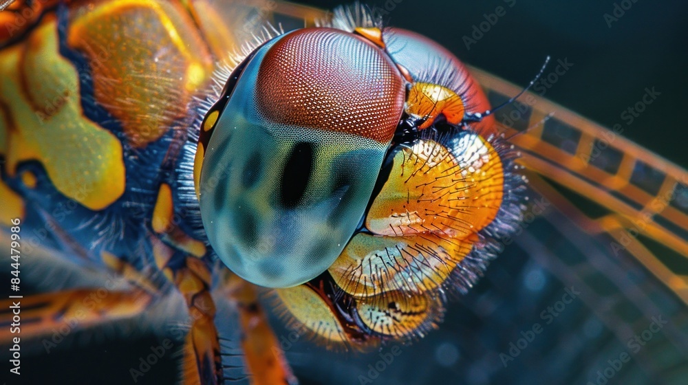 An extreme close-up of a dragonfly's compound eye, capturing the complex patterns and reflective ...