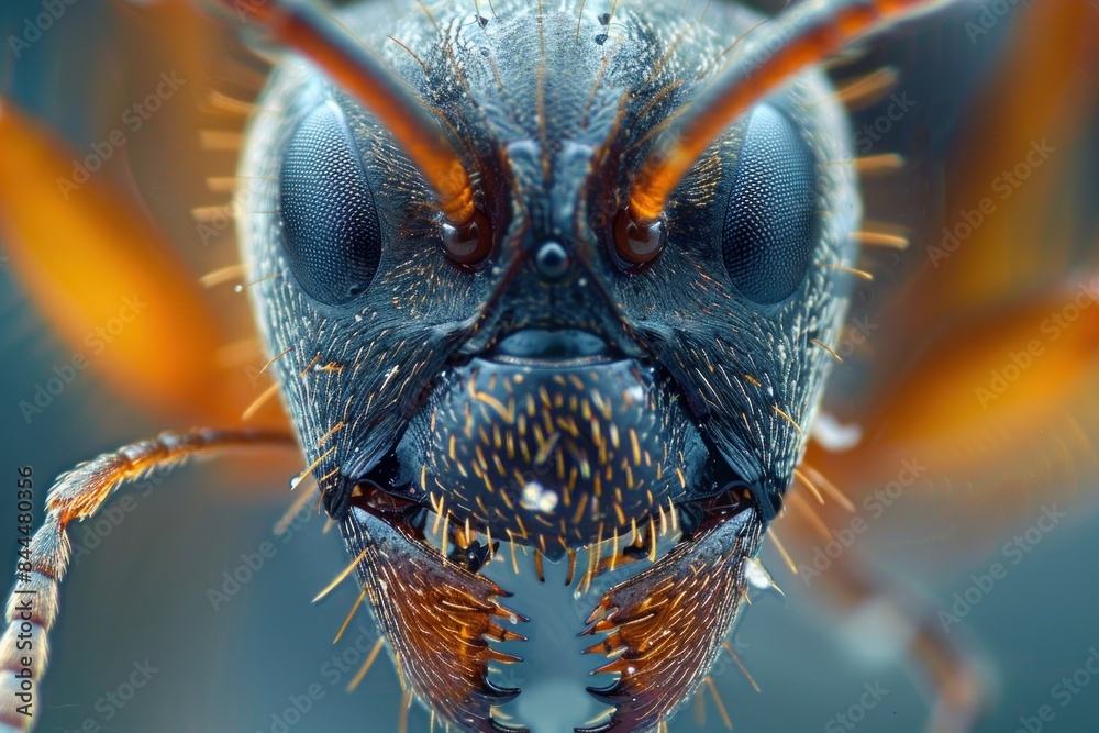 An extreme close-up of an ant's head, capturing the fine details and ...