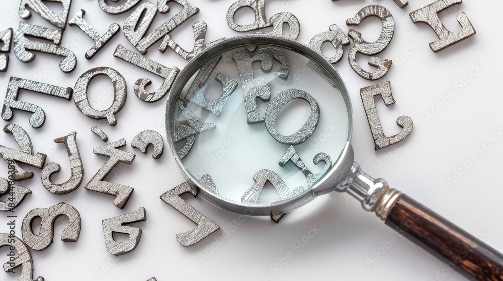 Magnifying glass and scattered english alphabets isolated on white ...