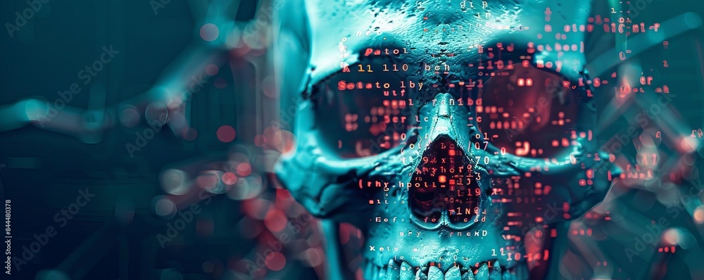 Skull graphic due to binary code failure, front view, portraying system ...