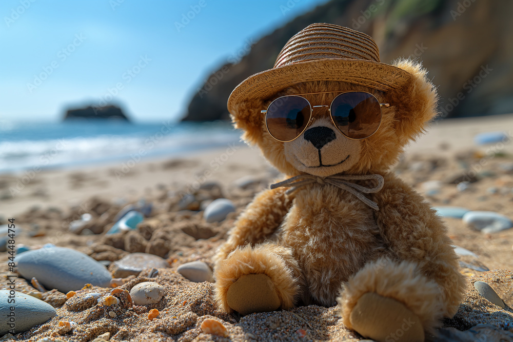 Teddy bear with sunglasses and hat on sandy beach with pebbles during ...
