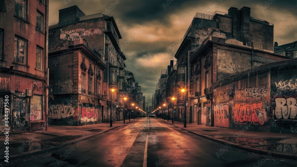 Atmospheric, gritty nighttime cityscape photo, showing a mix of old and ...