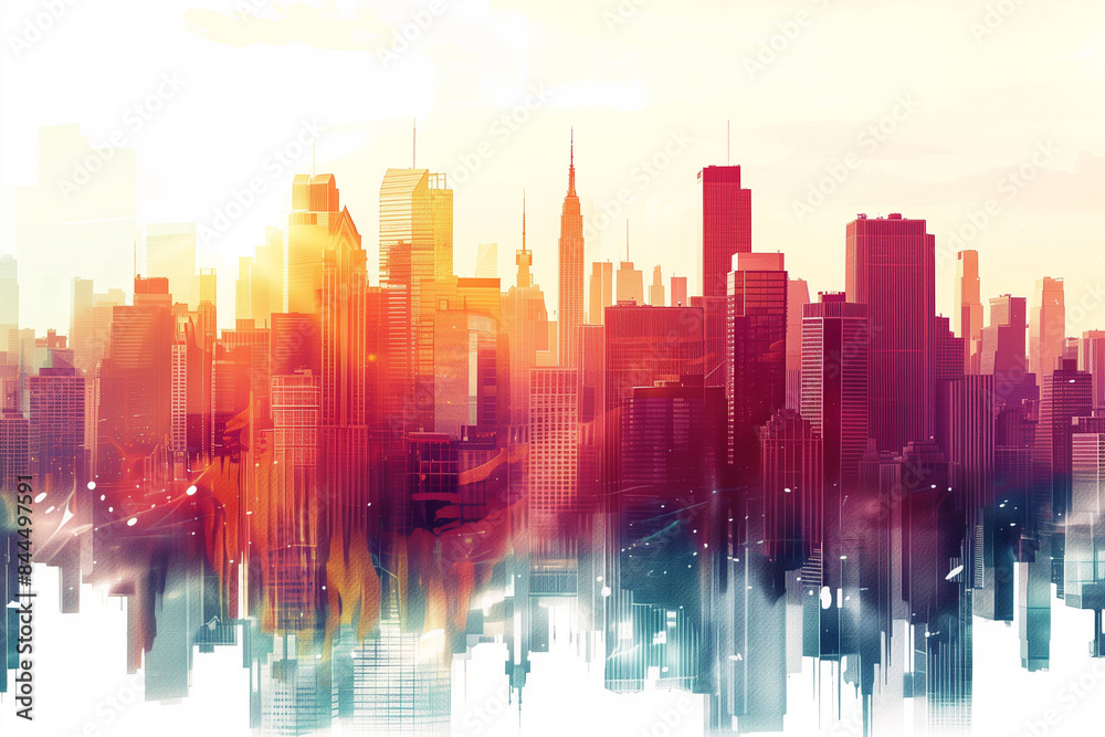 Vibrant city elements blend in a double exposure with a detailed city ...