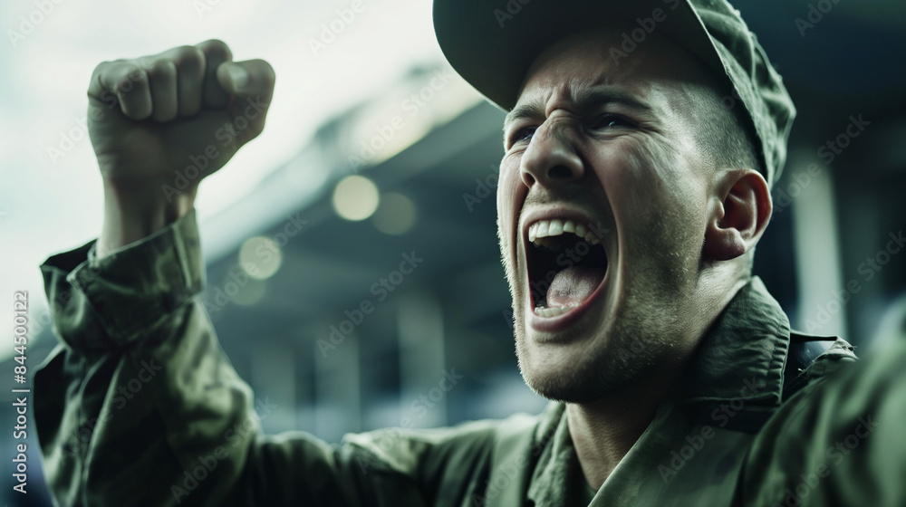 Vivid Close-up of a Young Soldier in Green Uniform Shouting with Fist ...