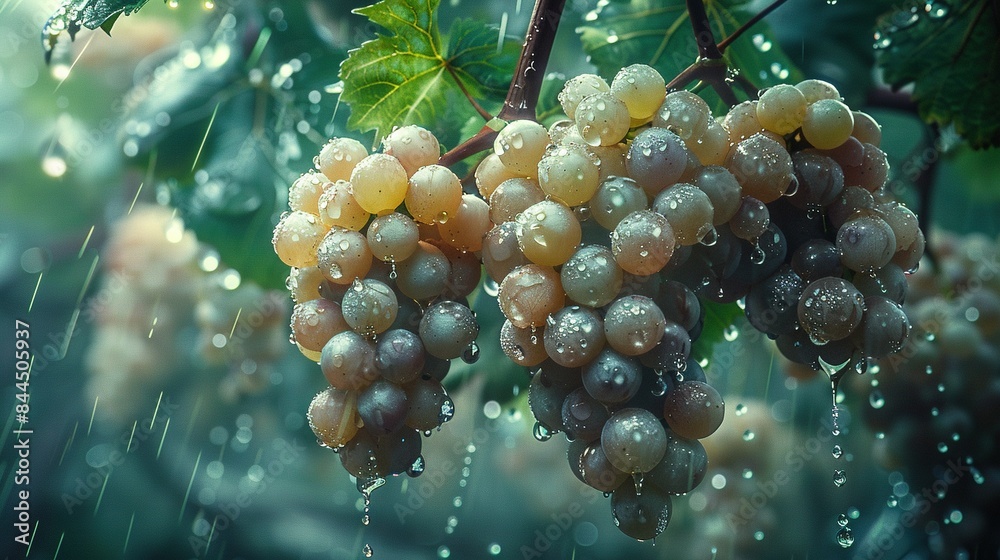 Grapes dangling from a tree, bathed in raindrops and adorned by a lush ...
