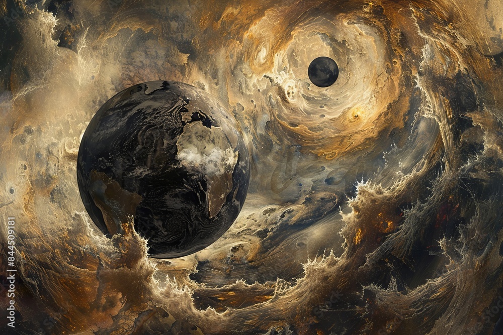 Surreal cosmic landscape featuring two planets amidst swirling clouds ...