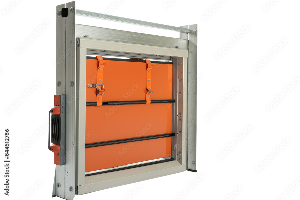 Industrial fire damper with steel construction and bright orange panels ...