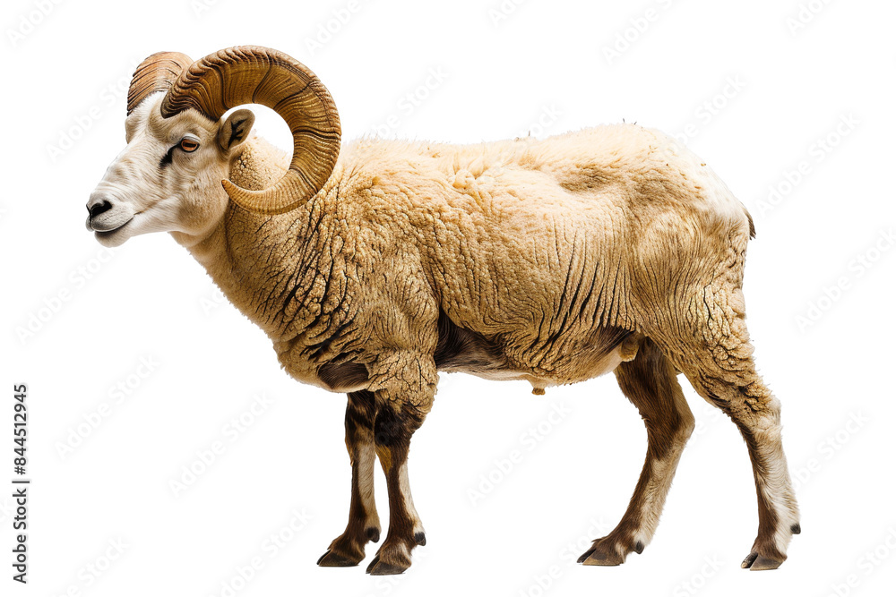 Side view of a majestic ram with large curved horns standing proudly ...