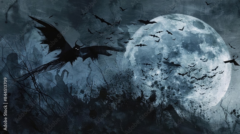 Dark fantasy illustration of a full moon night with a flying dragon and ...