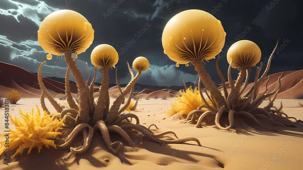 create a surreal desert with alien plants, the plants are shaped like ...